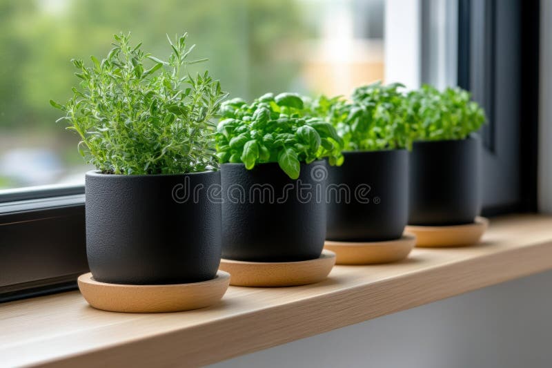 Potted Herbs Growing Sunny Kitchen Windowsill Stock Photos - Free ...