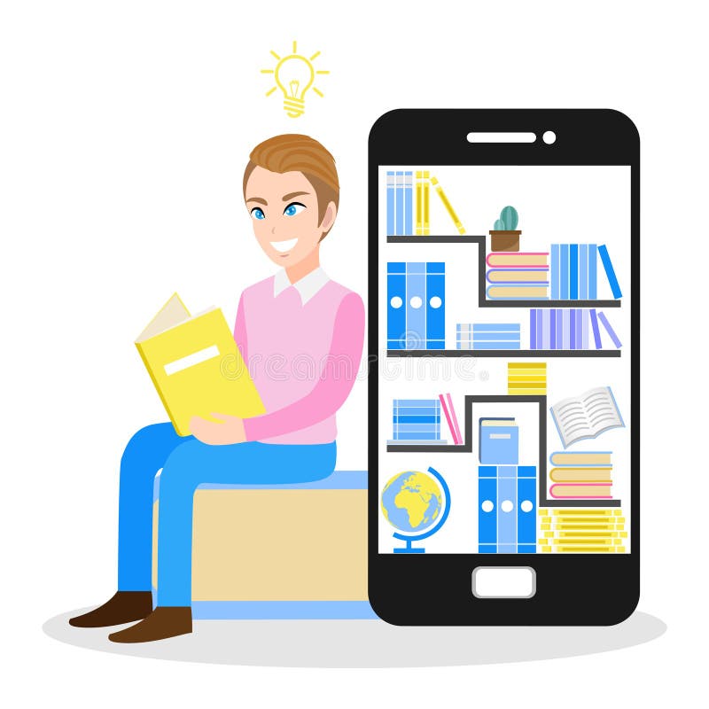 Set of Book in Online Library on Mobile Phone and Cartoon Character ...