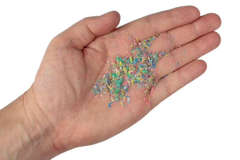 Micro Plastic on a Man`s Hand, Top Photo. Dots of Colored Plastic on ...