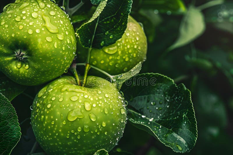 Micro Shot Close Up of a Fresh Green Apple Fruit Hanged on Tree with ...