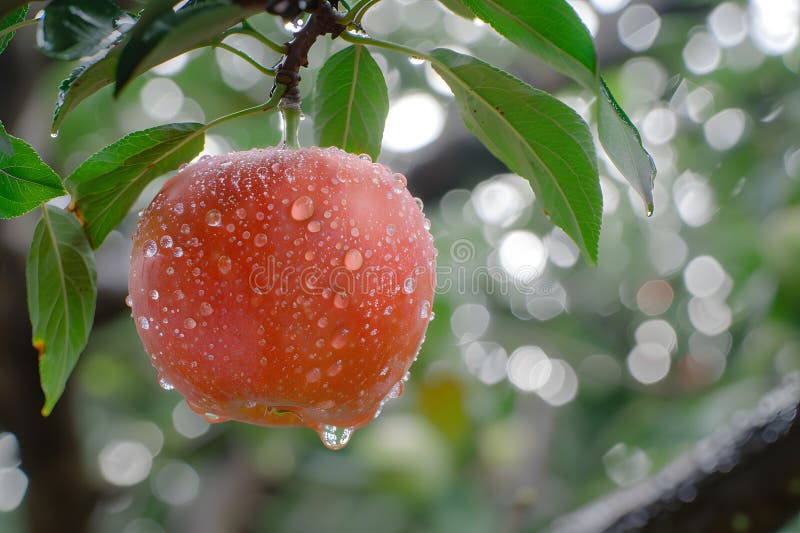 Micro Shot Close Up of a Fresh Red Apple Fruit Hanged on Tree with ...