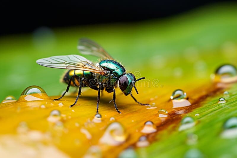 Micro Universe Tiny Fly on Green Leaf, Adorned with Waterdrops Stock ...