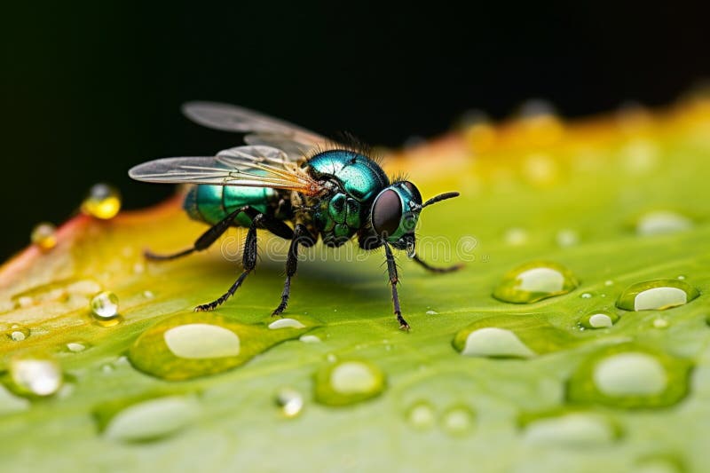Micro Universe Tiny Fly on Green Leaf, Adorned with Waterdrops Stock ...