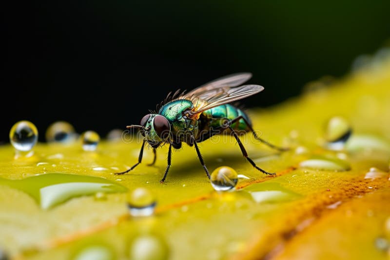 Micro Universe Tiny Fly on Green Leaf, Adorned with Waterdrops Stock ...
