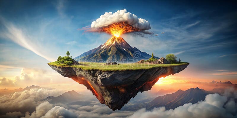 Micro World Flying Island Volcano Eruption Lava AI-Created Content ...