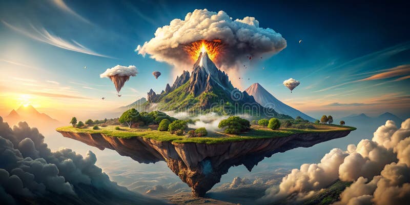 Micro World Flying Island Volcano Eruption Lava Mountain Creative AI ...