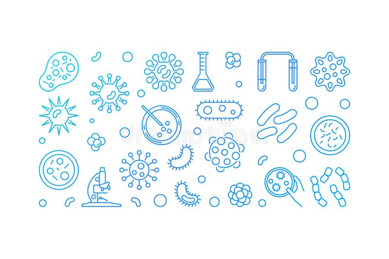 Microbe Blue Line Illustration Or Horizontal Banner Microbes Ico Stock ...