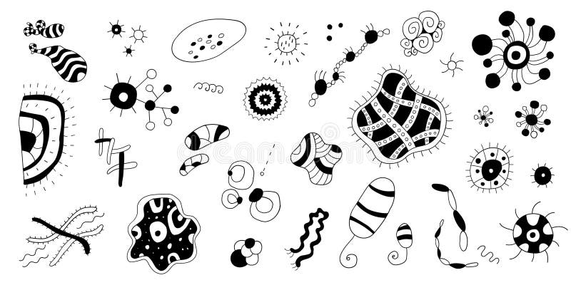 Microbes and Bacteria Doodle Set , Hand Drawn Characters Vector Sketch ...