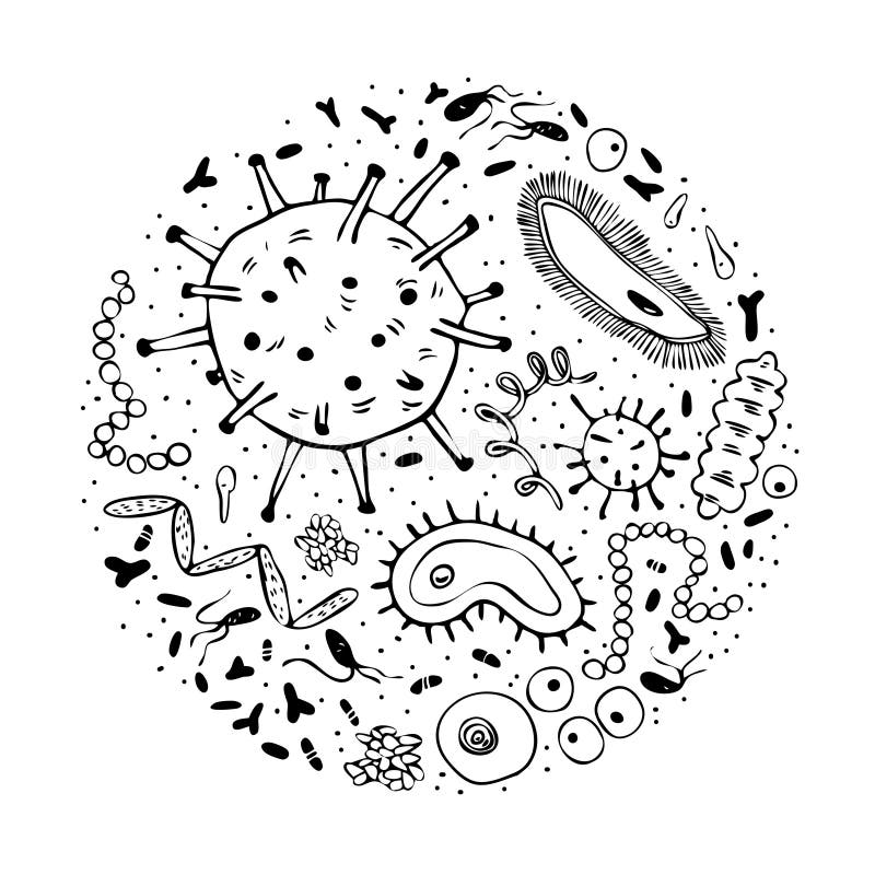 Microbes in a Circle. Doodle Bacterial Cells are Spherical and Rod ...