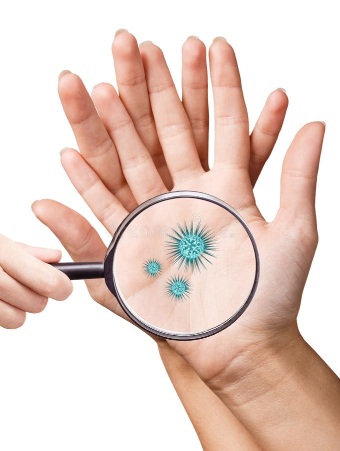 Microbes on Humans Hand Shows by Mygnifying Glass. 3D Rendering Stock ...