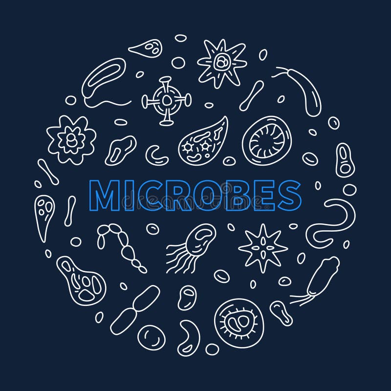 Microbes Vector Science Concept Thin Line Round Blue Banner with ...