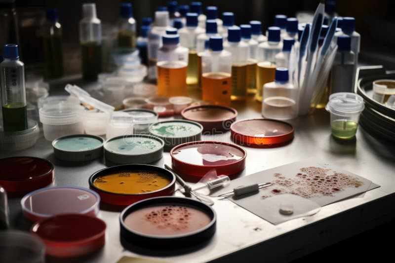 Microbial Cultures and Petri Dishes in Science Lab, with Tools for ...