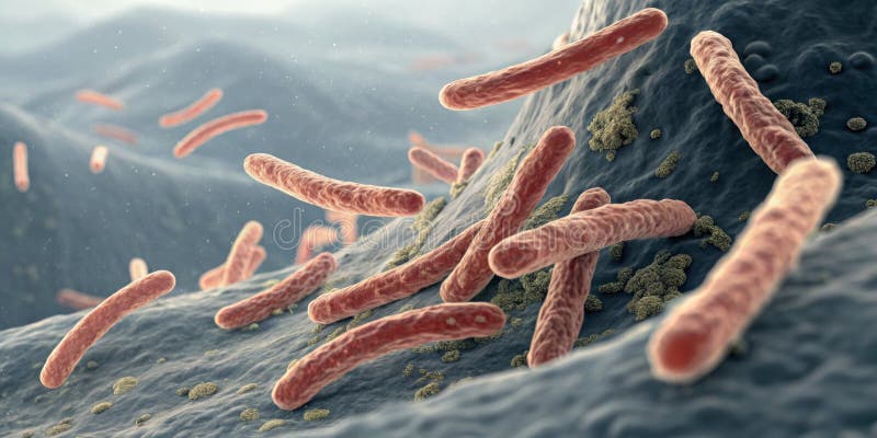 Microbial Life Forms Interact in a Close-up View of Bacteria on a ...