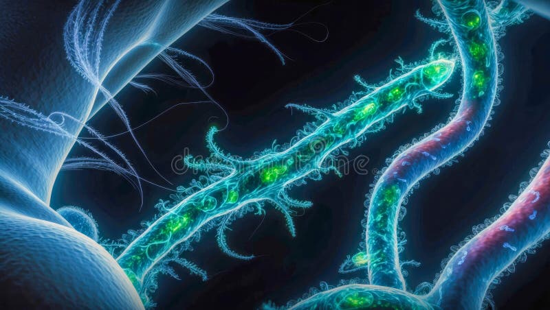 Microbial Organisms Under a Microscope, Glowing in Neon Green and Blue ...