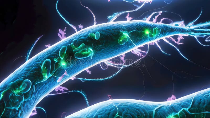 Microbial Organisms Under a Microscope, Glowing in Neon Green and Blue ...