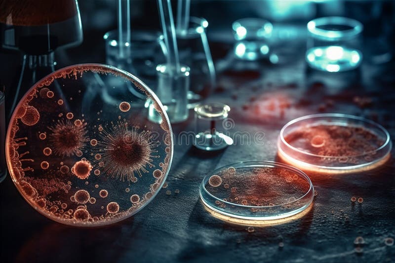 Microbiology Bcakground. Microorganisms in Petri Dish and Microscope in ...