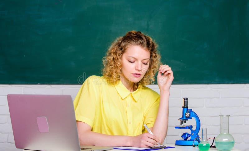 Microbiology Concept. Student Girl with Laptop and Microscope ...