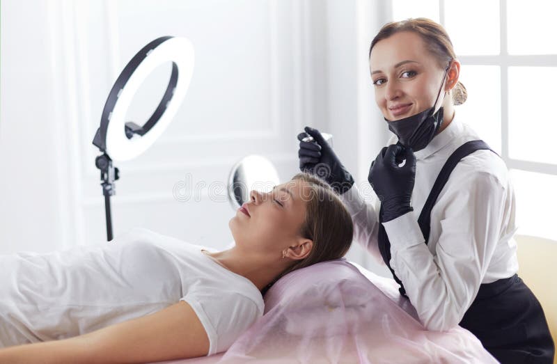 Microblading Eyebrows Work Flow in a Beauty Salon. Stock Photo - Image ...