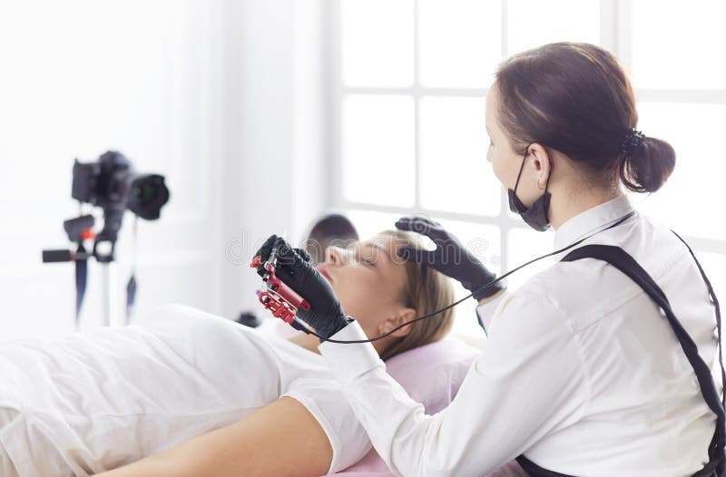 Microblading Eyebrows Work Flow in a Beauty Salon. Stock Photo - Image ...