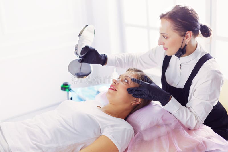 Microblading Eyebrows Work Flow in a Beauty Salon. Stock Photo - Image ...