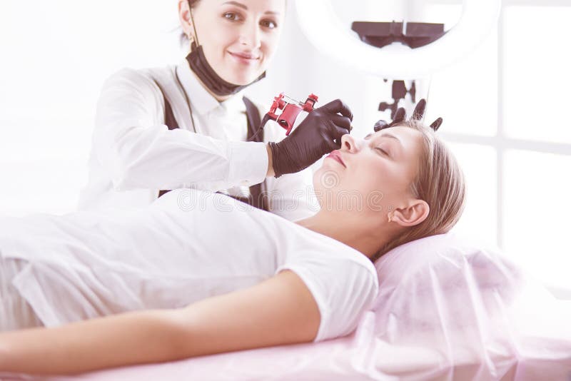 Microblading Eyebrows Work Flow in a Beauty Salon. Stock Image - Image ...