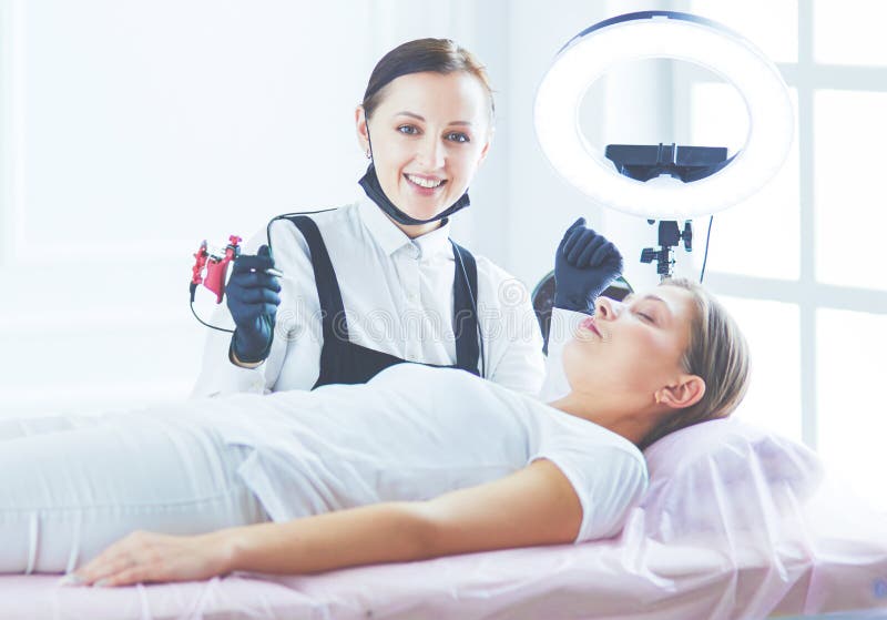 Microblading Eyebrows Work Flow in a Beauty Salon. Stock Photo - Image ...