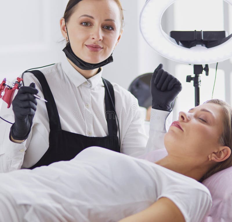 Microblading Eyebrows Work Flow in a Beauty Salon. Stock Image - Image ...