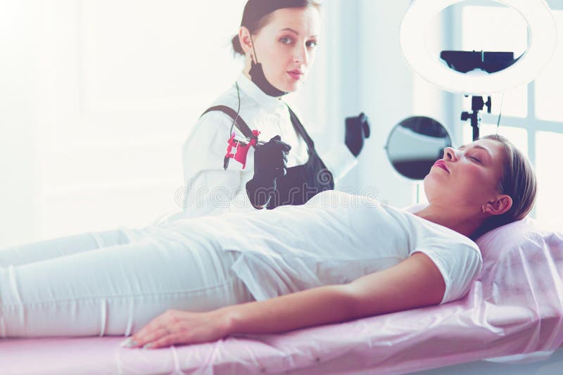 Microblading Eyebrows Work Flow in a Beauty Salon. Stock Image - Image ...