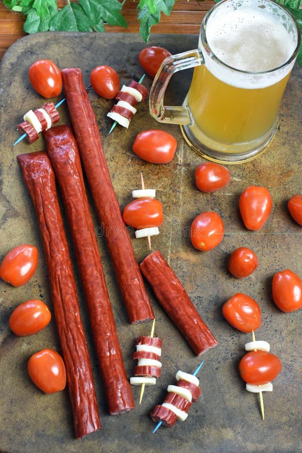 Microbrew and Beef Stick Snack Stock Photo - Image of vegetable ...