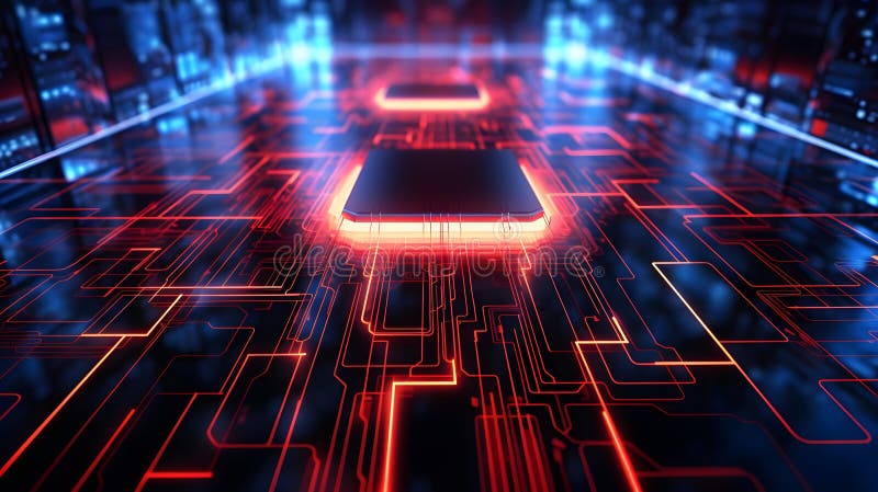Microchip Glowing in Red Colors. Technological and Futuristic ...