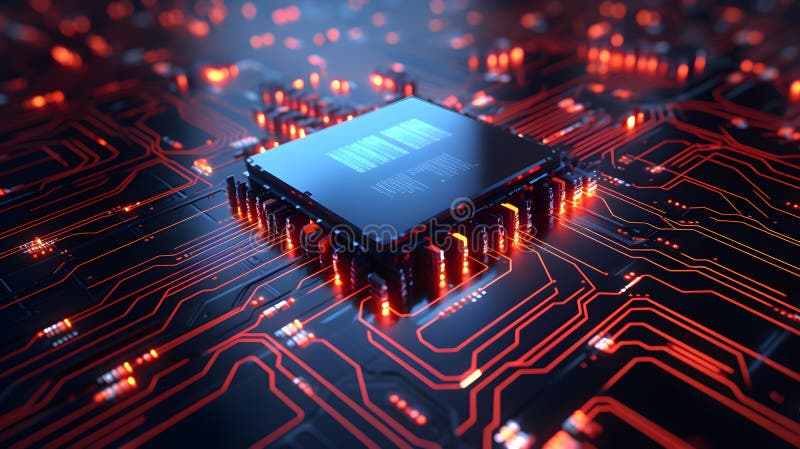 Microchip Glowing in Red Colors. Technological and Futuristic ...