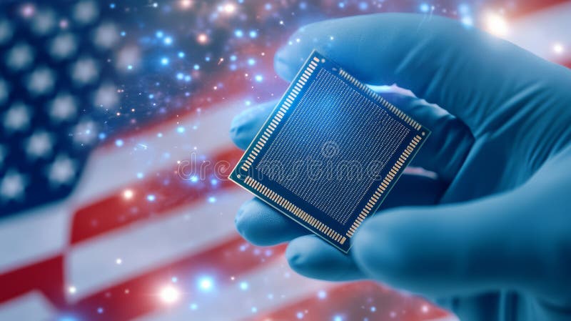 Microchip with American Flag Background Representing US Semiconductor ...