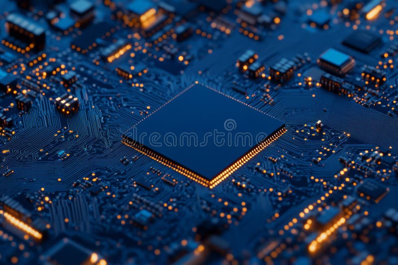 Microchip on Blue Circuit Board with Neon Lights. Artificial ...