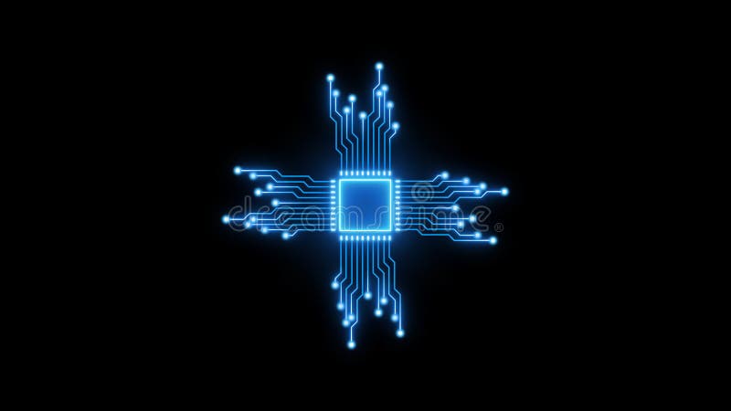 Microchip and Circuit Animation with Neon Blue Light Futuristic. Stock ...