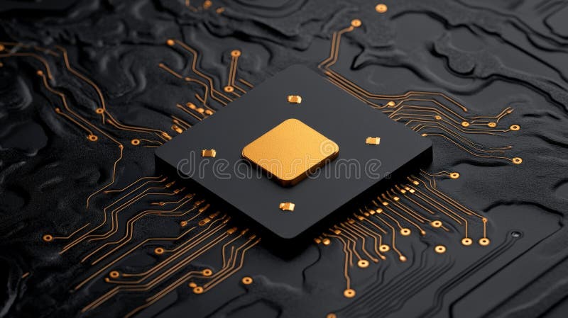 Microchip on a Circuit Board Dark Background with Golden Details Stock ...