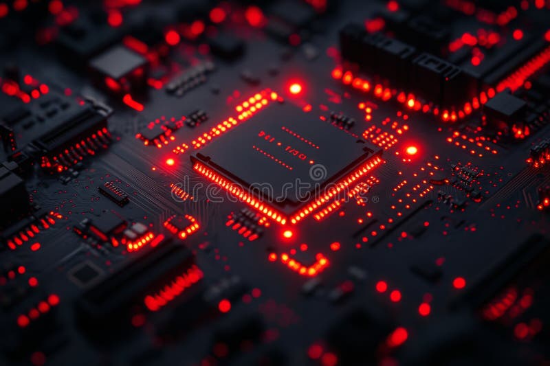 Microchip Circuit Board Glowing with Bright Red Lights in a Dark ...
