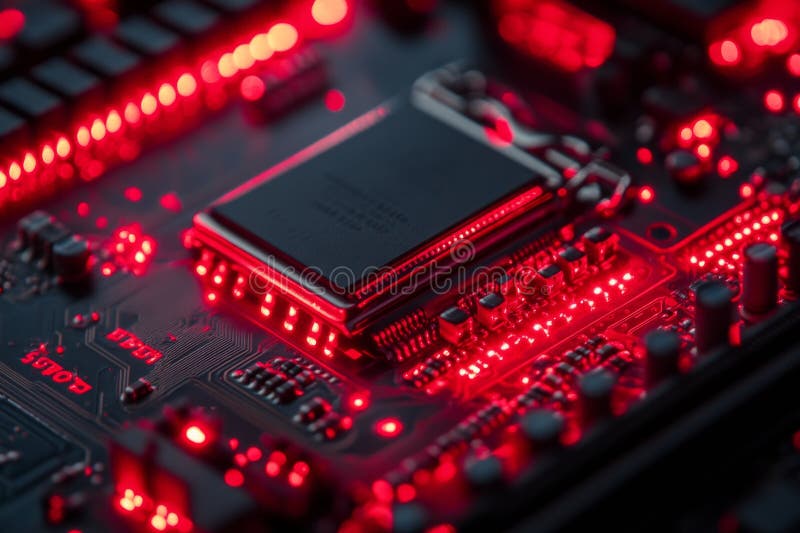 Microchip Circuit Board Glowing with Bright Red Lights in a Dark ...