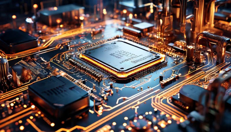 Microchip and Circuit Board Glowing with Electric Energy Stock Image ...