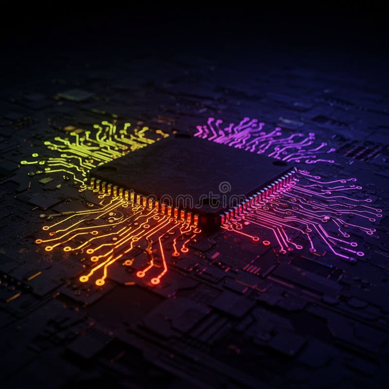 Microchip on a Circuit Board with Glowing, Multicolored Pathways ...