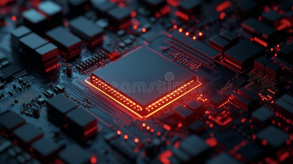 Microchip on Circuit Board Glowing with Red Light, Futuristic ...