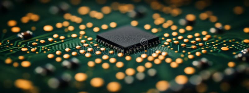 Microchip on Circuit Board with Gold Connections and Green Background ...