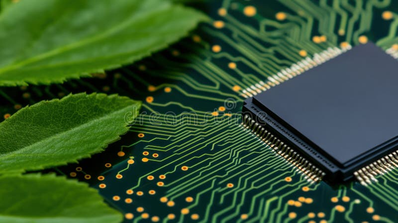 Microchip on Circuit Board with Green Leaves Symbolizing Eco-friendly ...