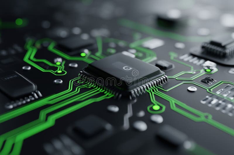 Microchip on Circuit Board with Green Lines. Digital Technology and ...