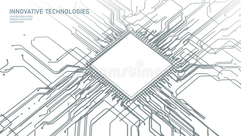 Microchip Circuit Board Illustration. Thin Electronic Lines Connect To the Central Processor ...