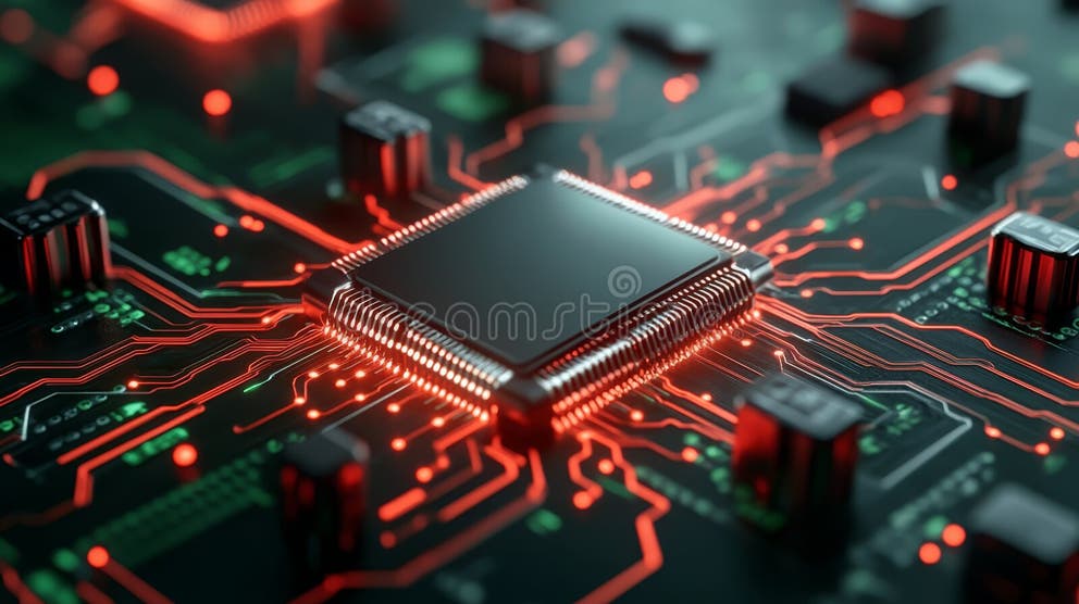 Microchip on Circuit Board with Red Glow Stock Illustration ...