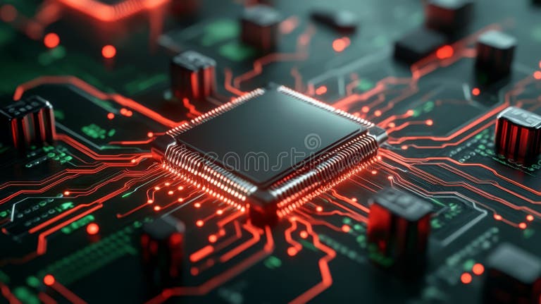 Microchip on Circuit Board with Red Glow Stock Illustration ...
