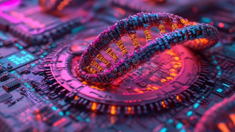 From a Microchip, a Futuristic Digital DNA Helix Emerges, Enveloped by ...