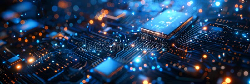 Microchip Glowing with Blue Lights in Circuit Board with Complex ...
