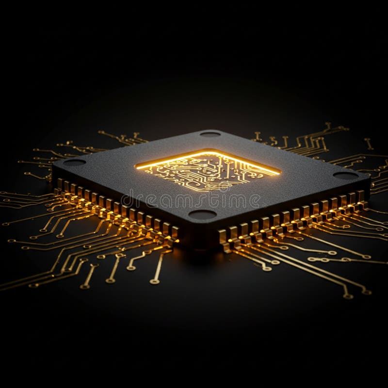 A Microchip, Glowing in the Center, is Surrounded by Intricate Gold ...