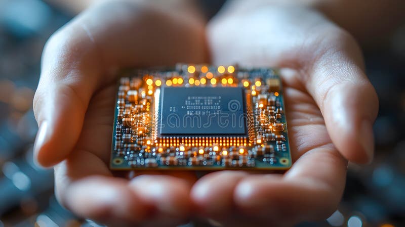 Microchip with Glowing Circuits Held in Hands, Representing Advanced ...